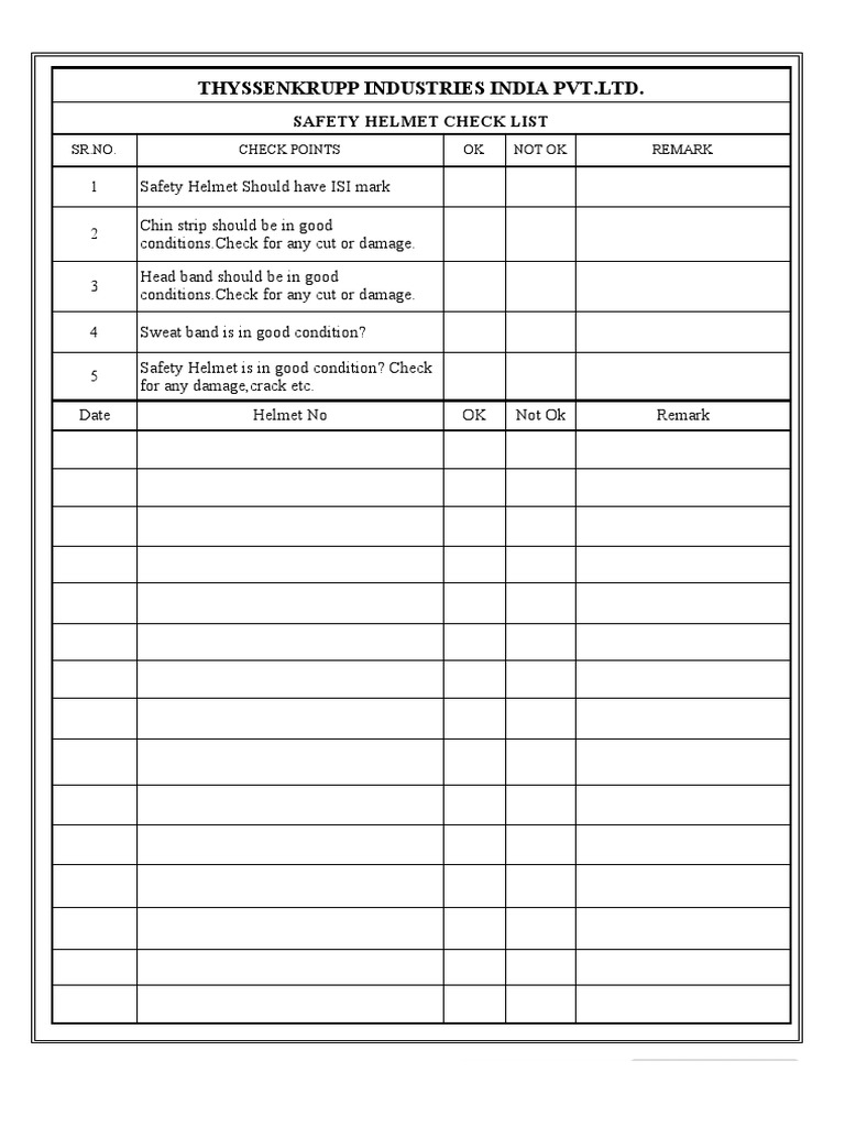 Thyssenkrupp Industries India PVT - LTD.: Safety Helmet Check List | PDF