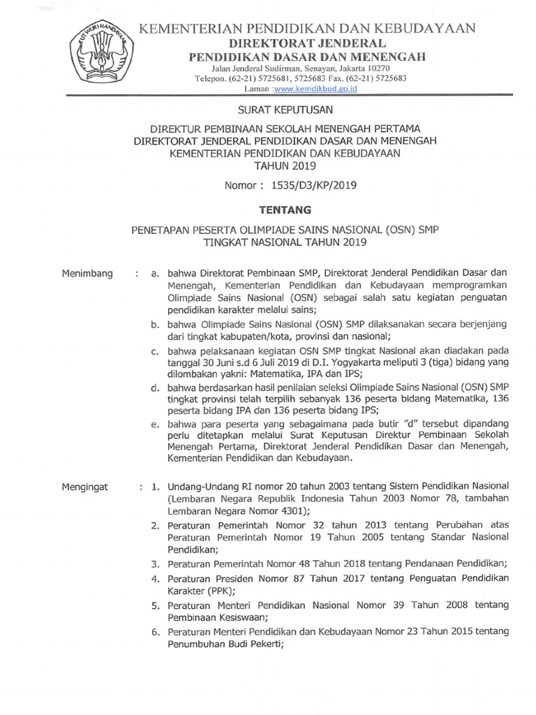SK Penetapan Peserta OSN SMP Tk. Nasional TH 2019 PDF | PDF