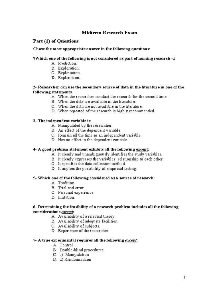 Midterm Research Exam Part (1) of Questions | PDF | Sampling ...