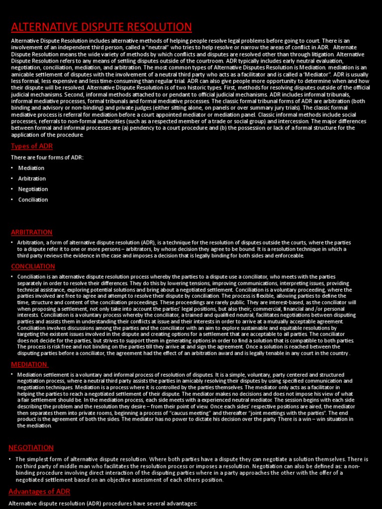 Alternative Dispute Resolution: Types of ADR | Download Free PDF ...