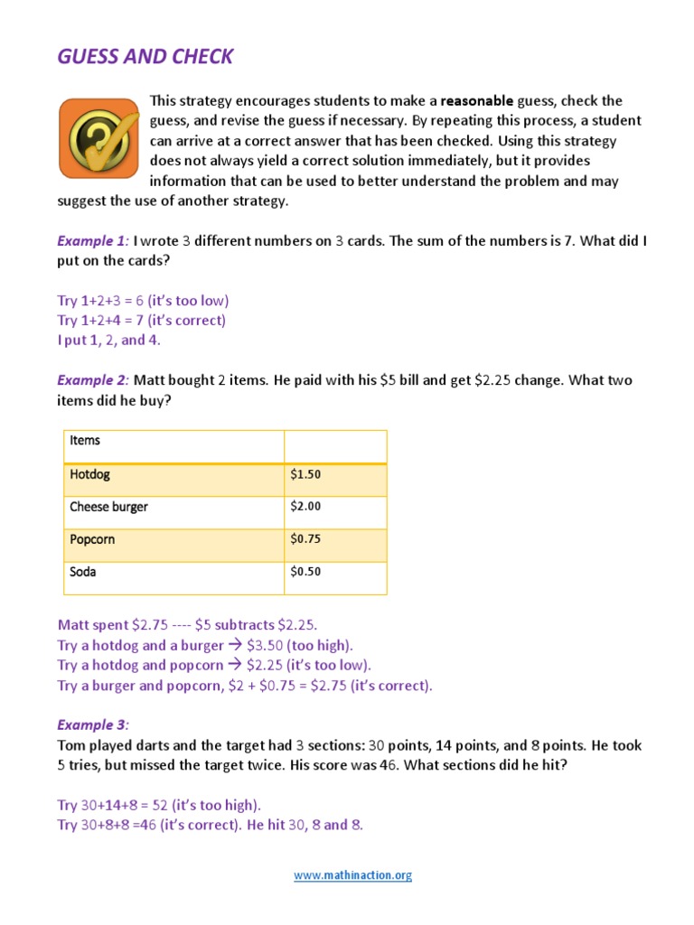 Guess and Check: Example 1 | PDF | Teaching Methods & Materials