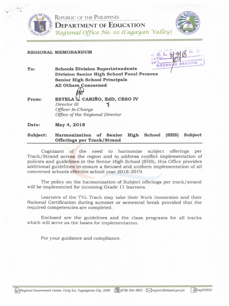 Harmonization of Senior High School SHS Subject Offerings Per Track or ...