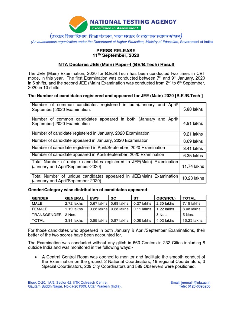 Press Release 11 September, 2020 NTA Declares JEE (Main) Paper-I (BE/B ...