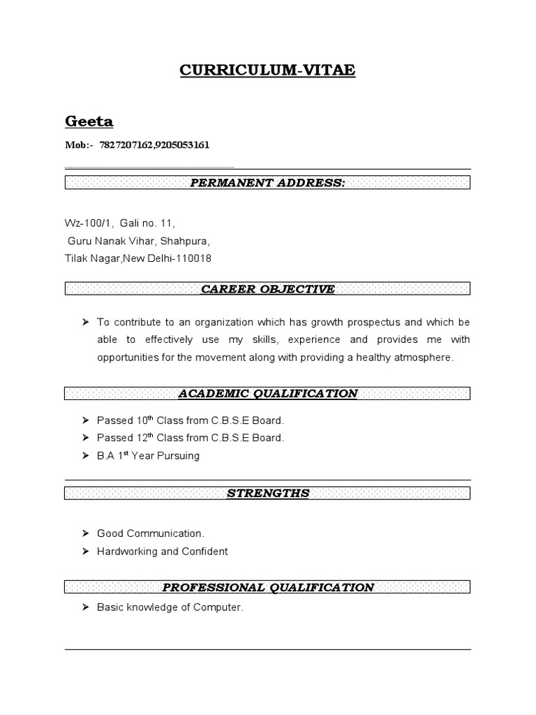 Curriculum-Vitae Geeta: Permanent Address | PDF