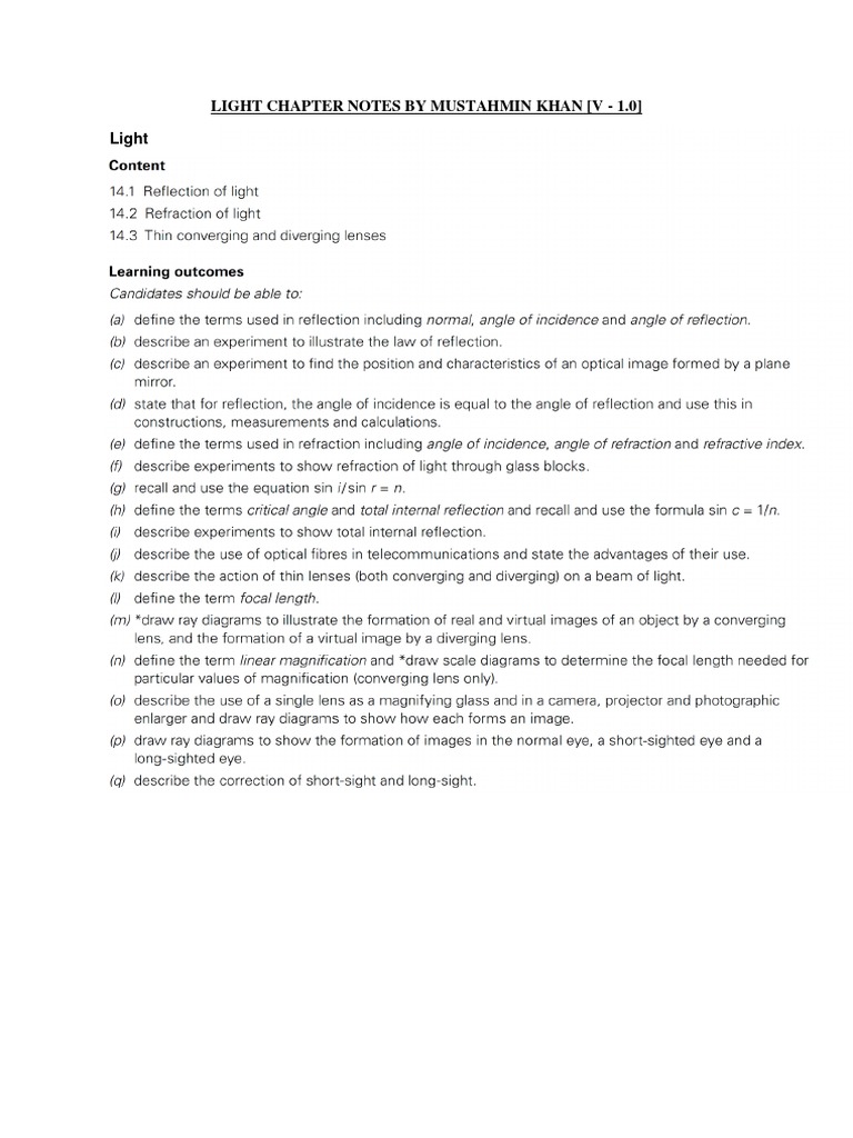 Light Chapter Notes by Mustahmin Khan (V - 1.0) Light | PDF ...