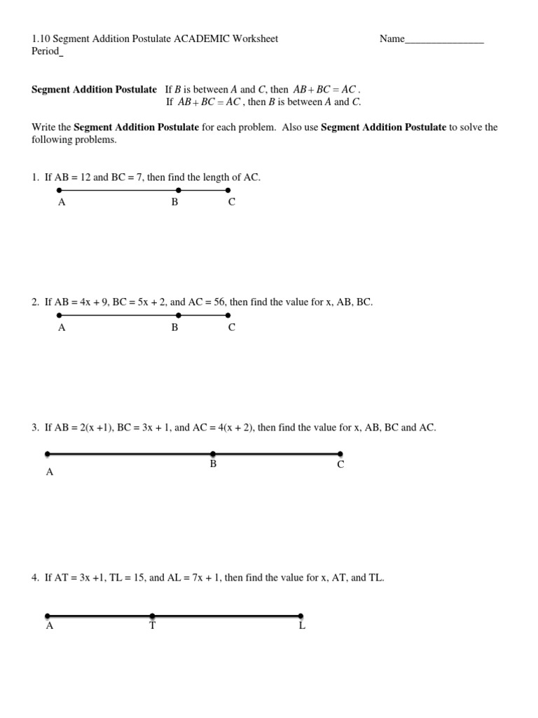 Segment Addition Postulate Worksheet
