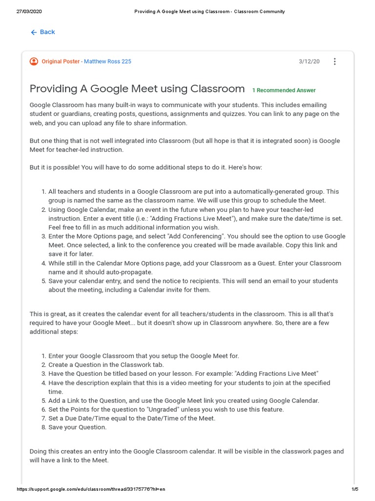 Providing A Google Meet Using Classroom - Classroom Community | PDF ...