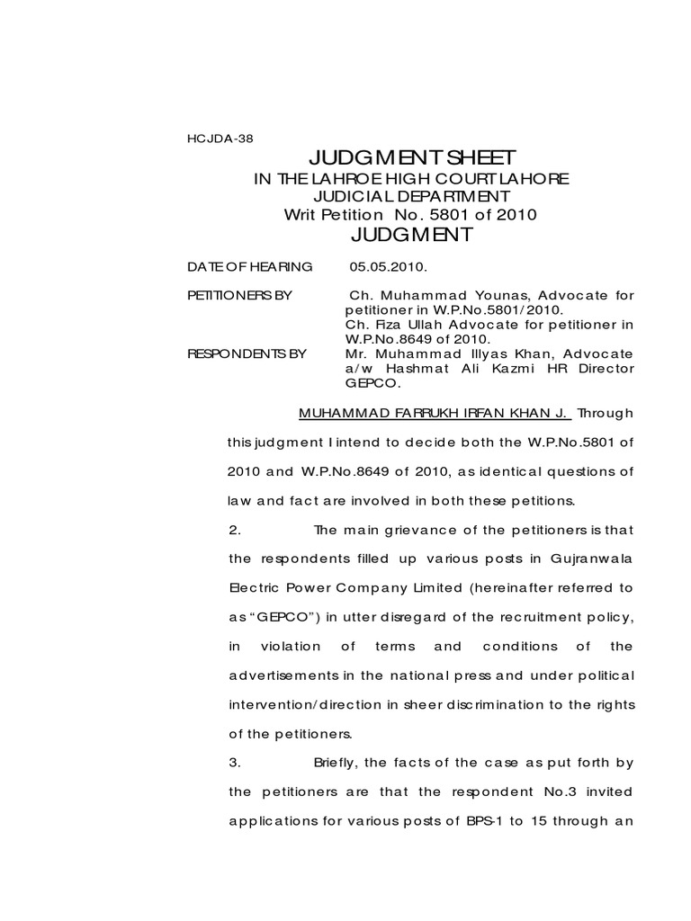 Judgment Sheet | PDF | Government Of Pakistan | Judgment (Law)