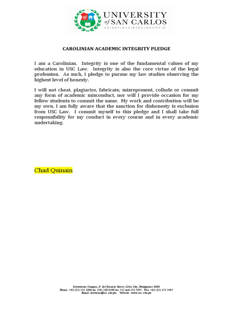 Chad Quinain: Carolinian Academic Integrity Pledge | PDF