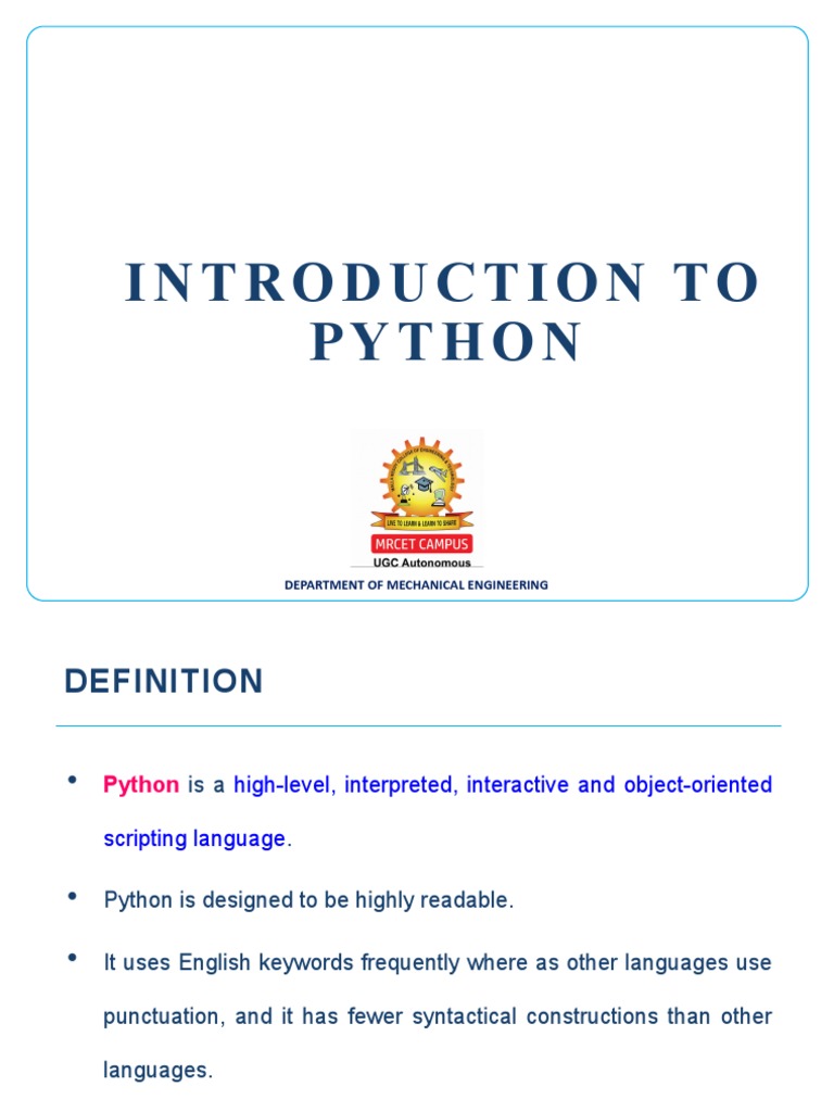 Introduction To Python: Department of Mechanical Engineering | Download ...