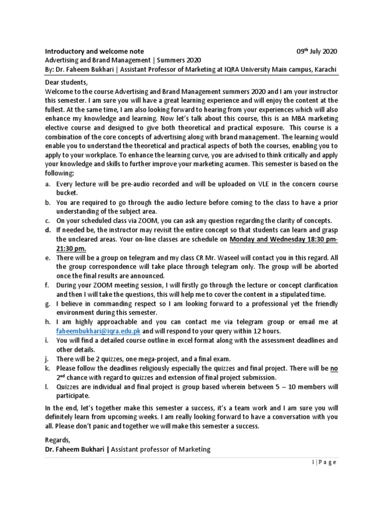 Introductory and Welcome Note: Faheembukhari@iqra - Edu.pk | PDF | Learning | Behavior Modification