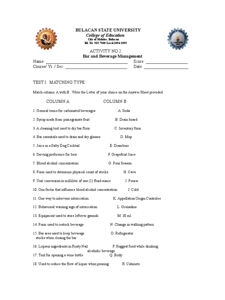 Activity No 2 and 3 Bartending NC Ii | PDF | Drink | Alcoholic Drinks