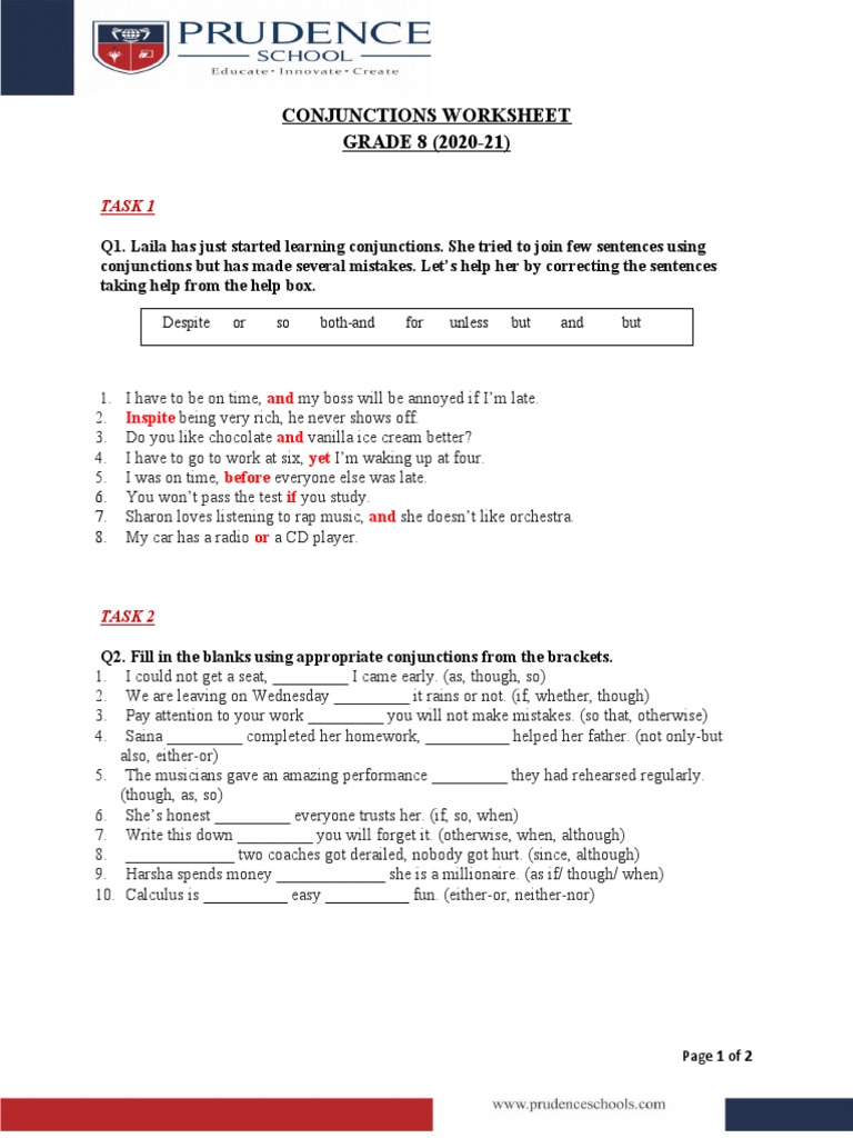 Conjunctions Worksheets For Grade 7 Pdf Conjunctions Worksheet | TPT