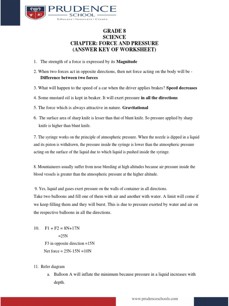 Force and Pressure Answer Key Worksheet PDF | PDF | Pressure | Balloon