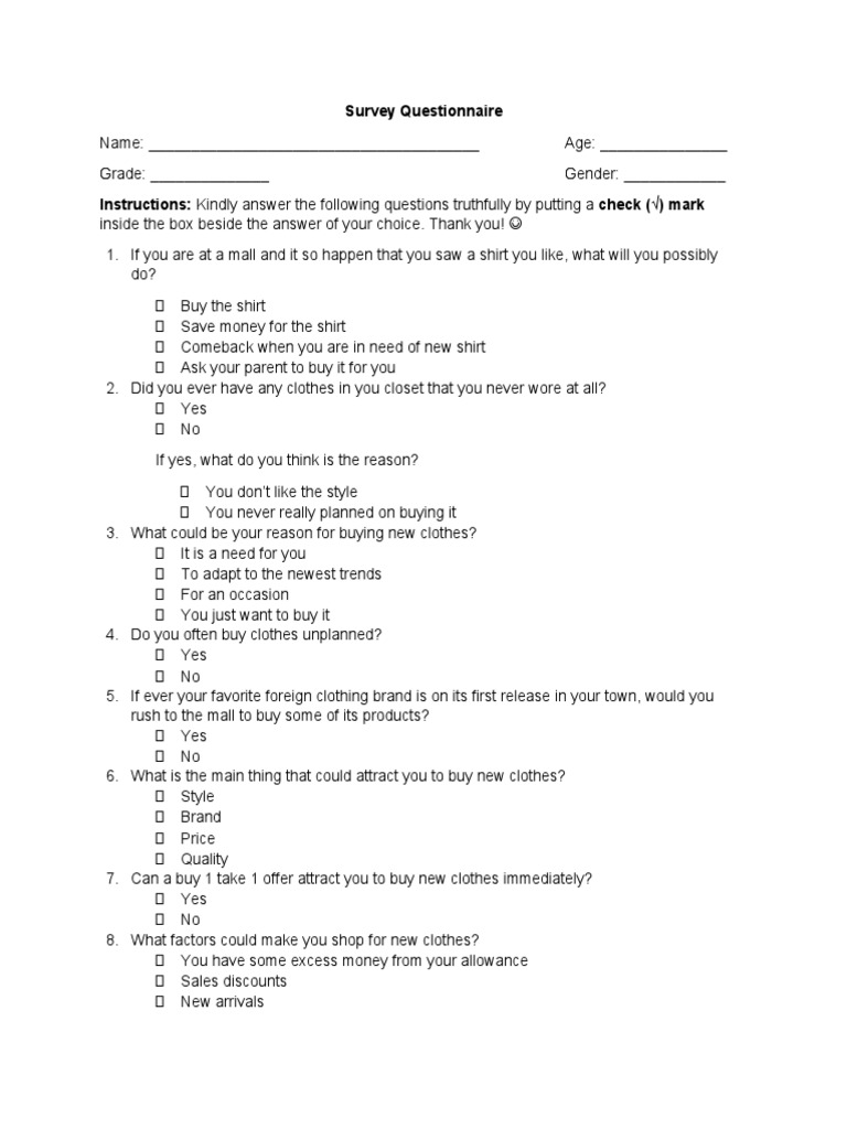 Survey Questionnaire | PDF | Adolescence | Clothing