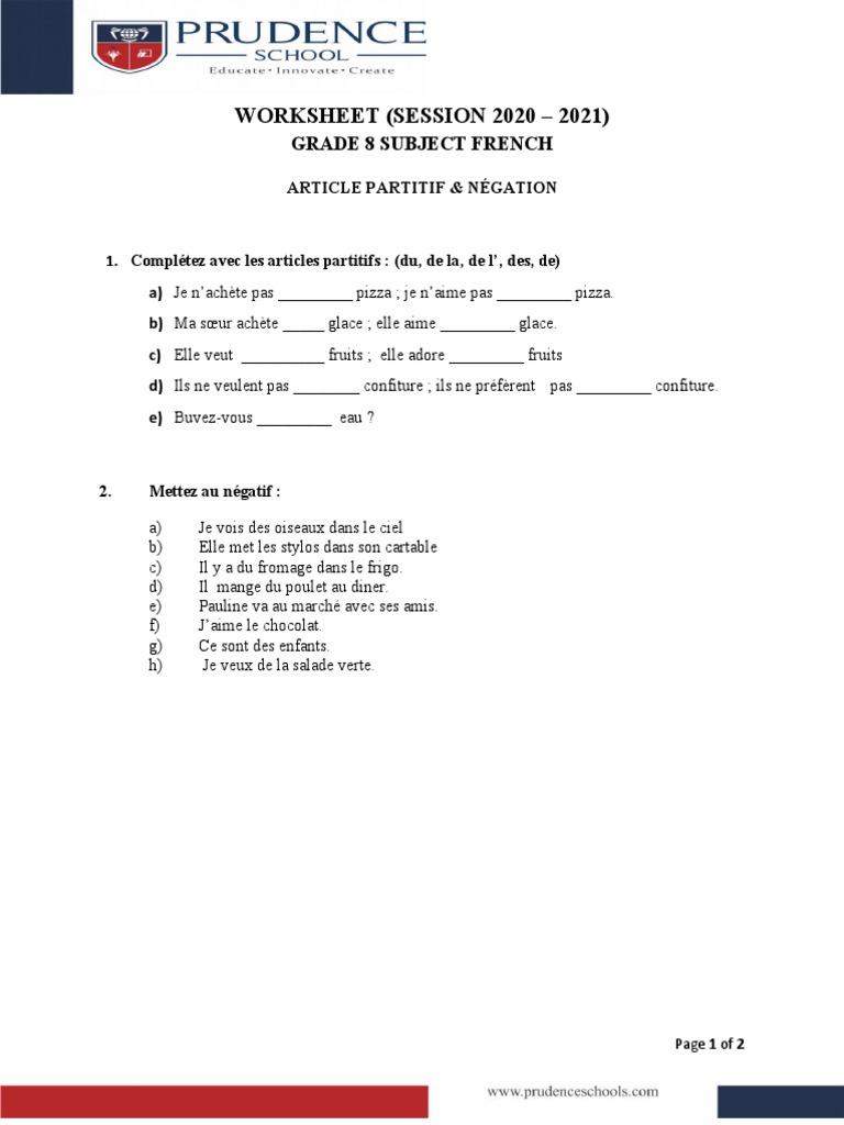 Exercices sur l'article partitif et négation | PDF