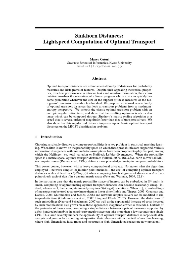 Sinkhorn Distances: Lightspeed Computation of Optimal Transport | PDF | Mathematical ...