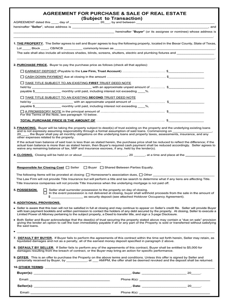 Agreement For Purchase & Sale of Real Estate (Subject To Transaction ...