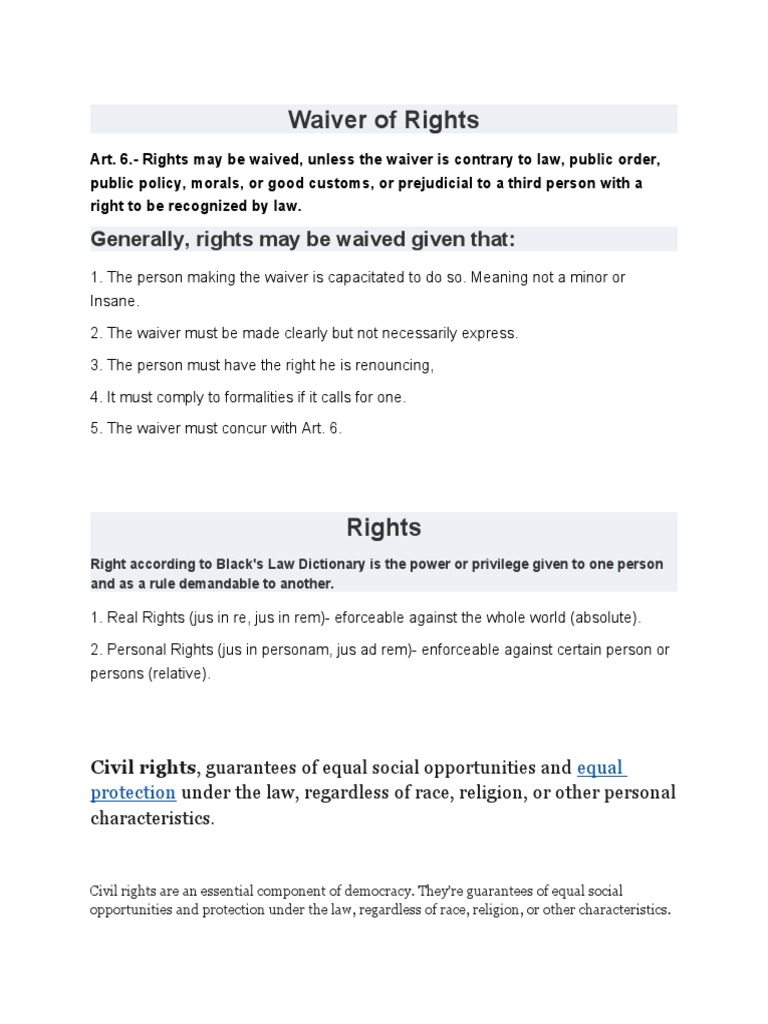 Waiver of Rights: Generally, Rights May Be Waived Given That | PDF ...