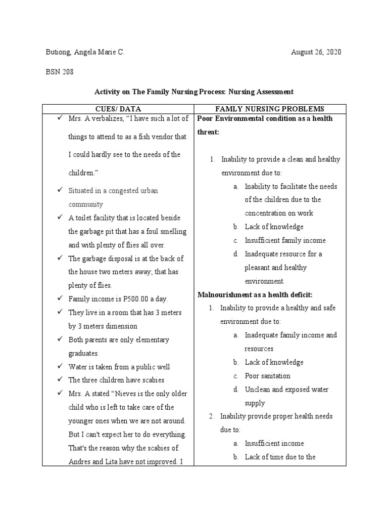 Activity On The Family Nursing Process: Nursing Assessment Cues/ Data ...