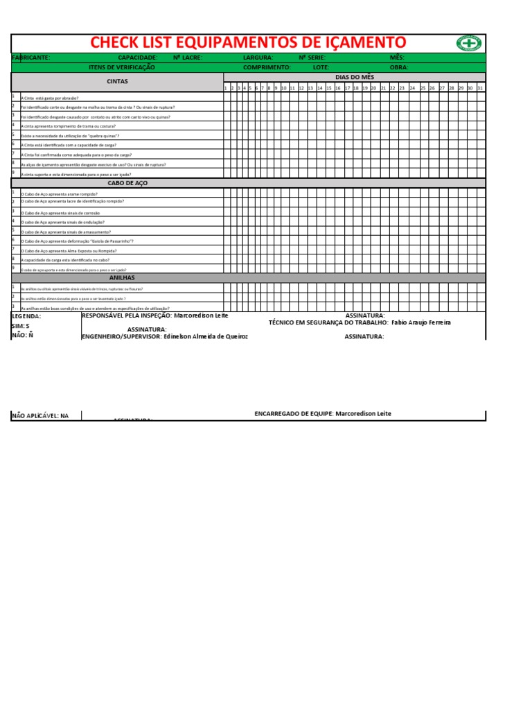 Checklist de inspeção de equipamentos de içamento | PDF | Vestir-se ...