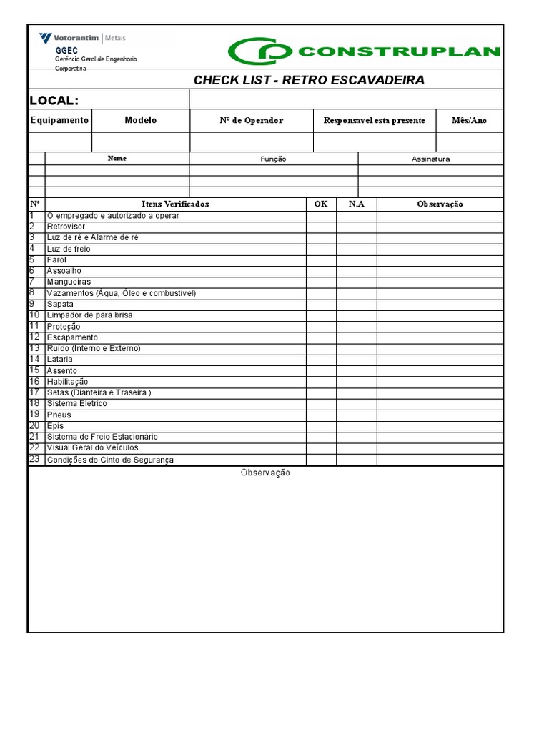 Check List RETRO ESCAVADEIRA DIARIO E MENSAL | PDF