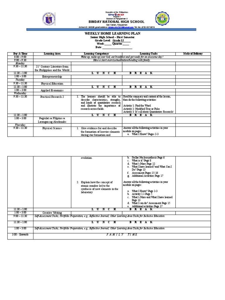Weekly Home Learning Plan Template G12 PDF Behavior Modification 