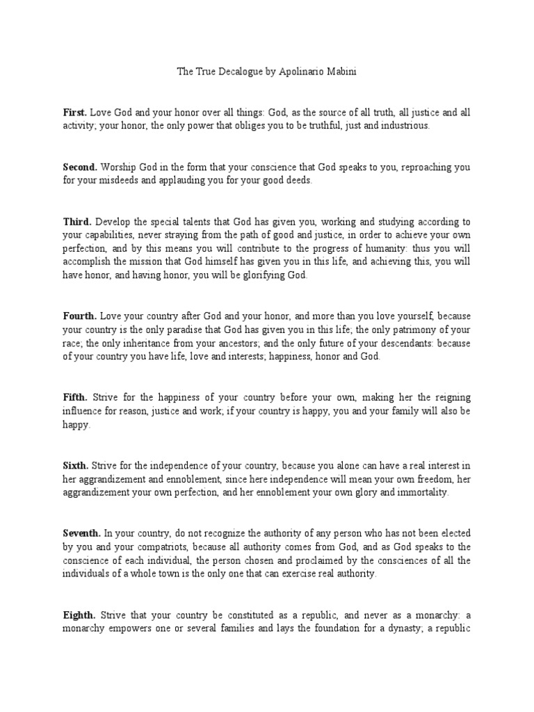 The True Decalogue by Apolinario Mabini | PDF | Conscience | Social ...
