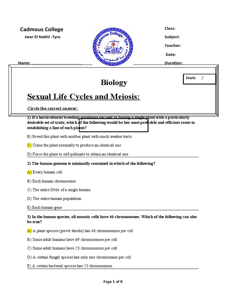 Analysis of a Biology Class Document on Sexual Life Cycles and Meiosis ...