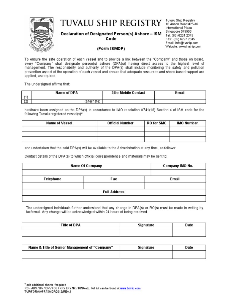 Declaration of Designated Person(s) Ashore - ISM Code (Form ISMDP ...