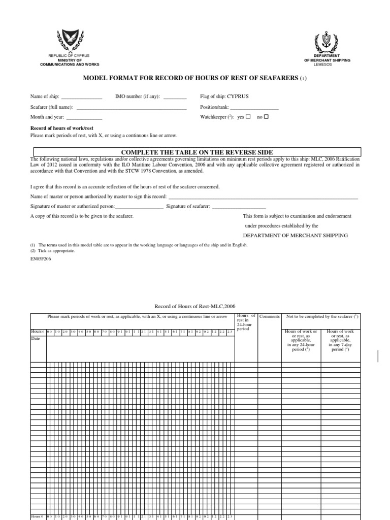 Model Format For Record of Hours of Rest | PDF | International Labour ...