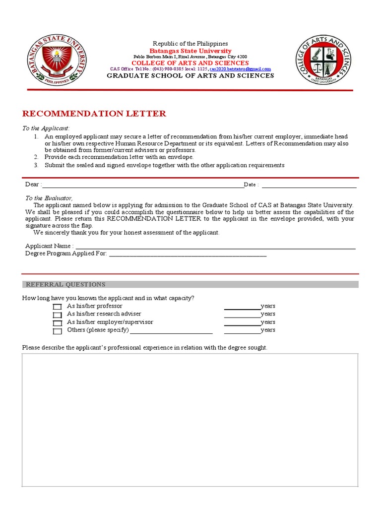 Graduate School Recommendation Form | PDF | Graduate School | Applied ...