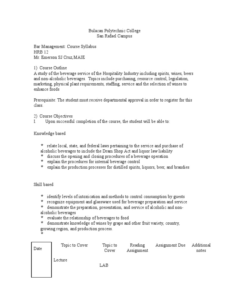Bar Management Course Syllabus | PDF | Drink | Alcoholic Drinks