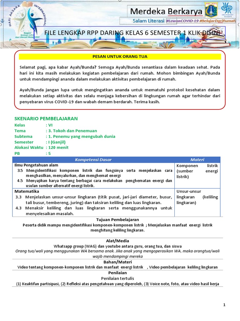 RPP Daring Kelas 6 Tema 2 Subtema 3 Semester 1 | PDF | Karier & Perkembangan | Seni & Disiplin ...