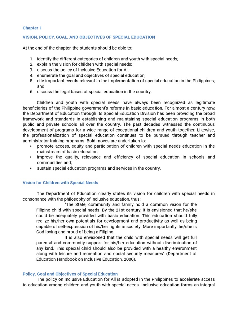 Chapter 1 - Vision, Policy, Goal, and Objectives | PDF | Special ...