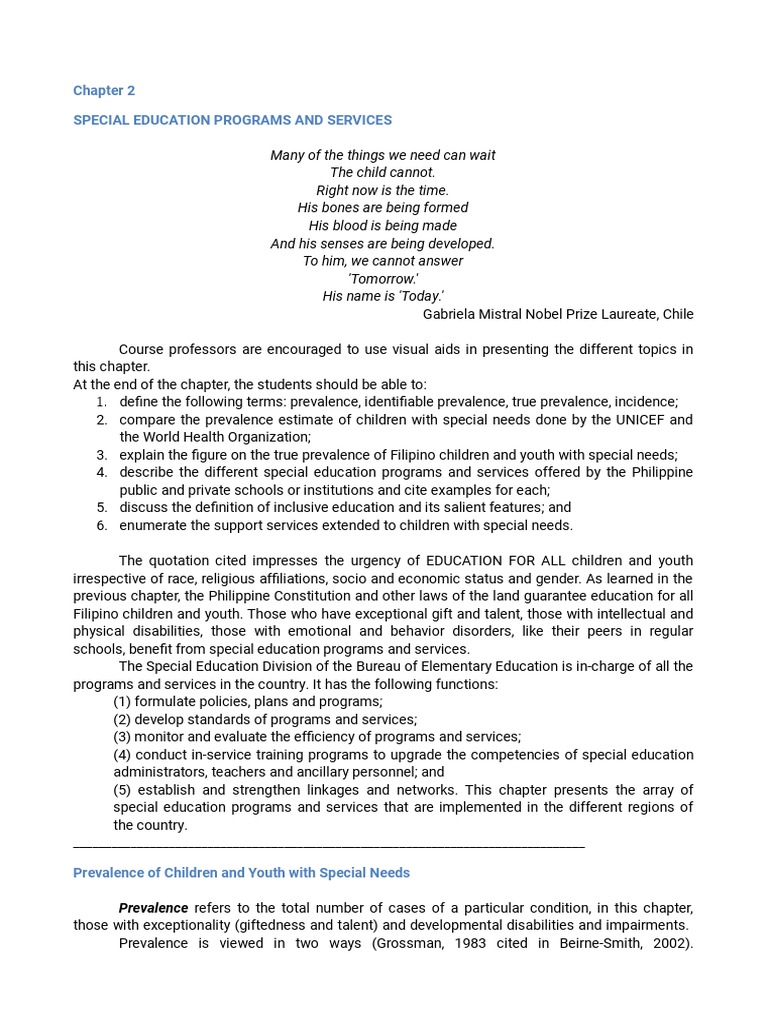 Chapter 2 - Special Education Programs and Services | PDF | Special ...
