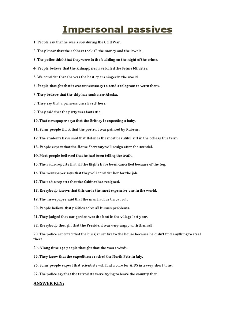 Impersonal Passives Practice For 2º Bto | PDF | Violence