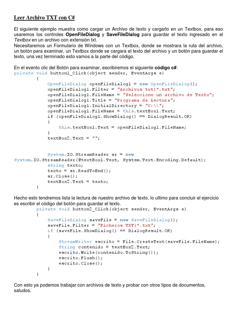 PROGRAMACION VISUAL - Leer Archivo TXT Usando Textbox Con C# | PDF ...
