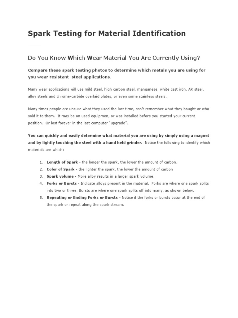 Spark Testing For Material Identification | PDF | Alloy | Steel