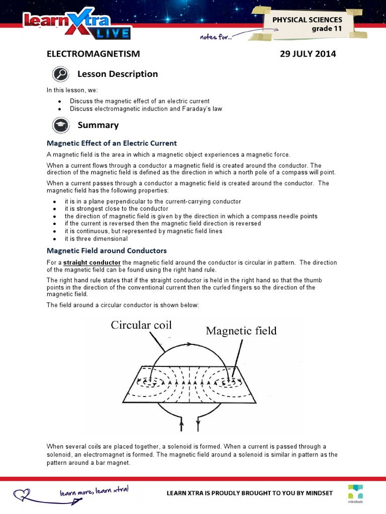 Electromagnetism 29 JULY 2014 Lesson Description: Magnetic Effect of An ...