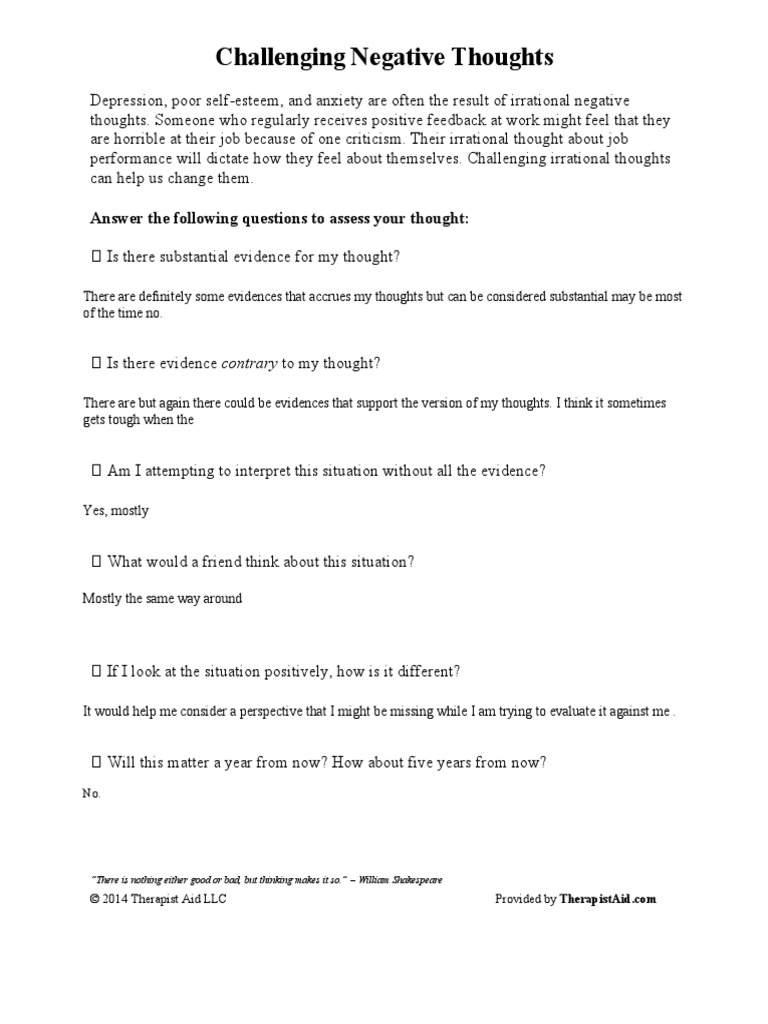 Challenging Negative Thoughts: Answer The Following Questions To Assess ...