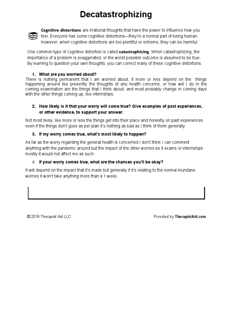 Decatastrophizing: © 2018 Therapist Aid LLC Provided by | PDF | Self ...