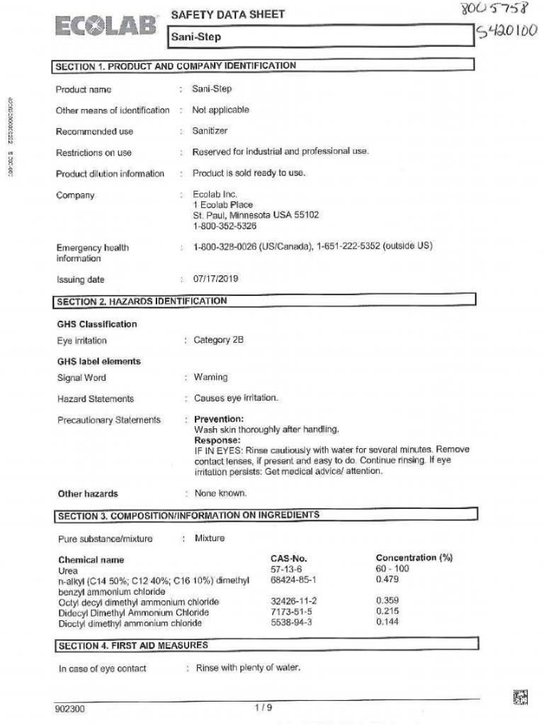 Hoja Seguridad Sani Step INGLES PDF | PDF | Toxicity | Dangerous Goods