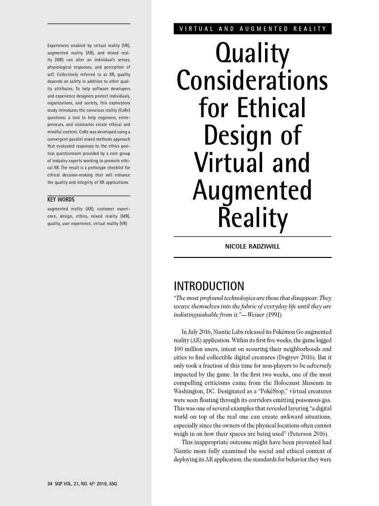 Quality Considerations For Ethical Design of Virtual and Augmented ...