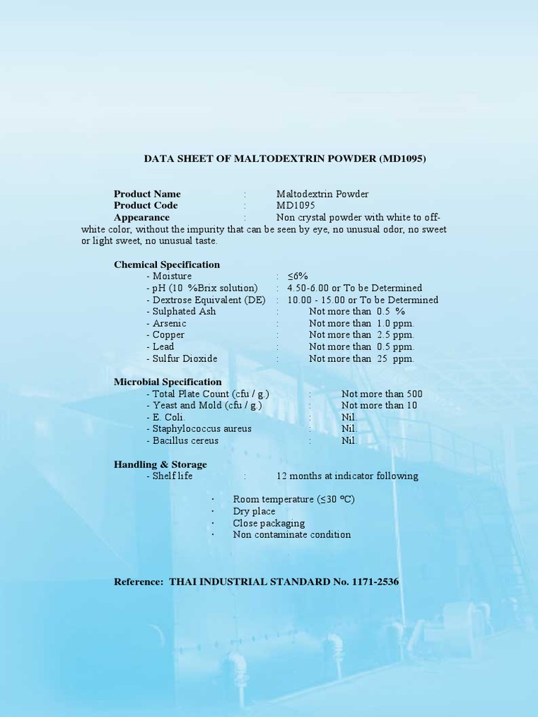 Data Sheet of Maltodextrin Powder (Md1095) | PDF | Colony Forming Unit ...