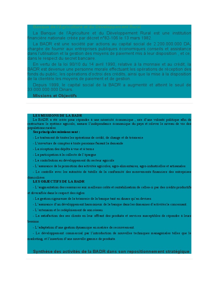 Banque de l'Agriculture et Développement Rural | PDF | Crédit | Finance ...