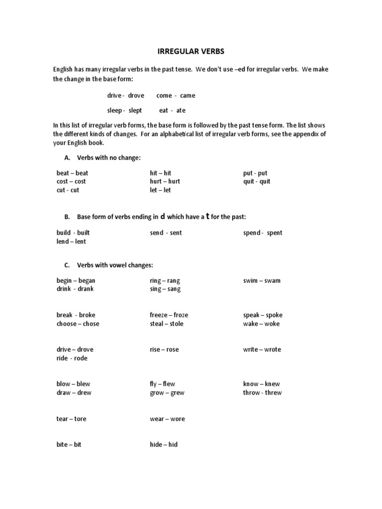 Irregular Verbs: A. Verbs With No Change | PDF | Grammar