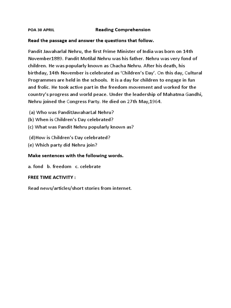 Reading Comprehension Read The Passage and Answer The Questions That ...