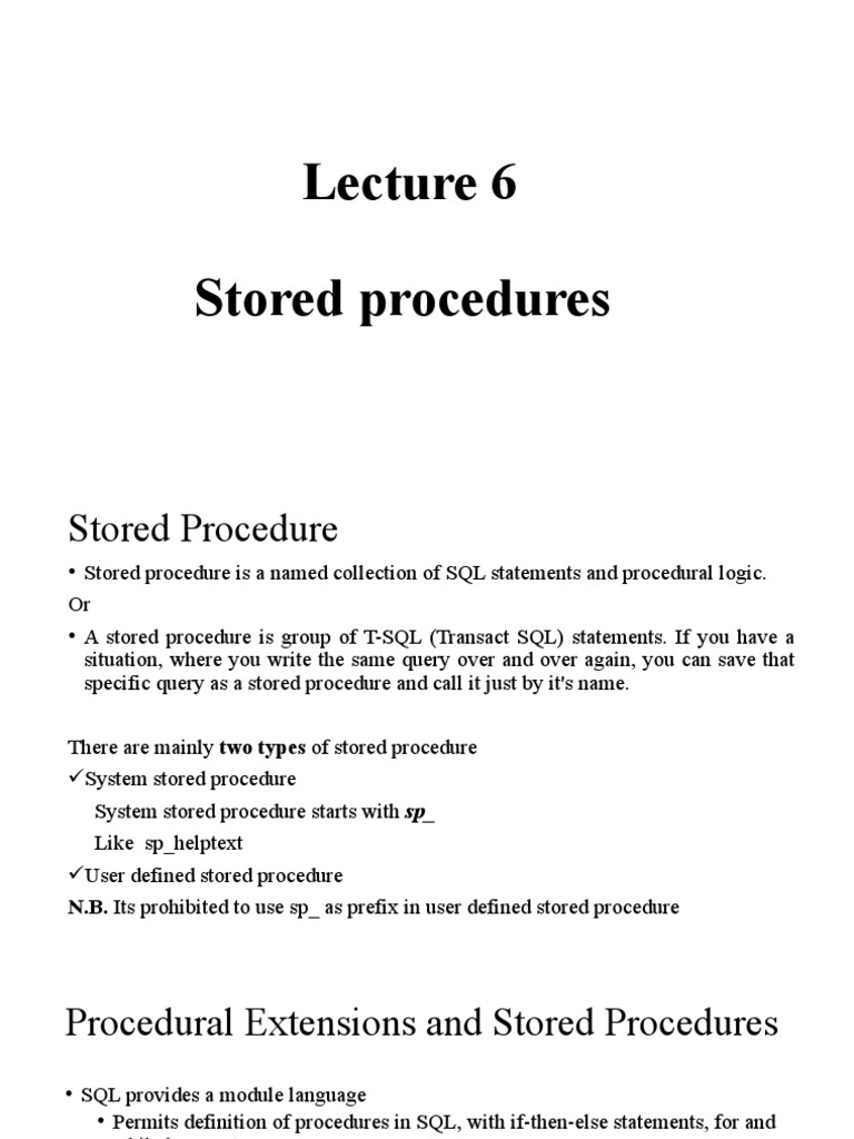 DBMS - Lecture 6 Stored Procedures | PDF | Subroutine | Parameter (Computer Programming)