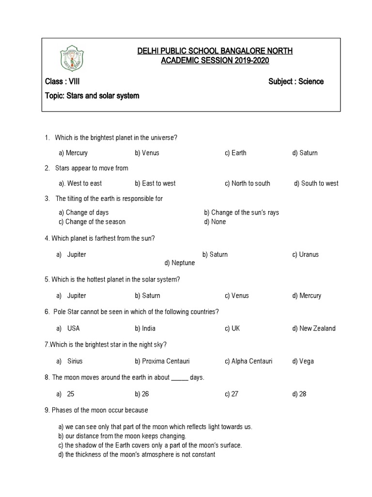 Class 8 Solar System Worksheet | PDF | Solar System | Moon